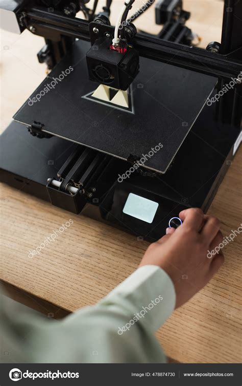 Partial View Female Hand Touching Button Printer Produced Model Office