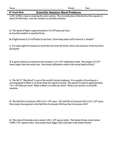 Scientific Notation Word Problems 8th Grade Math Worksheet Printable