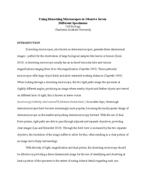 Example Lab Report Dissecting Microscopy Using Dissecting Microscopes