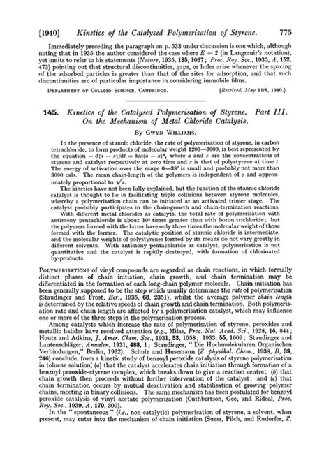 145 Kinetics Of The Catalysed Polymerisation Of Styrene Part Iii On