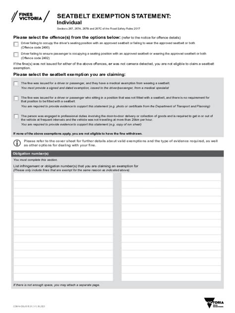 Fillable Online Seatbelt Exemption Statement Individual Cover Sheet
