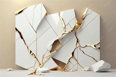Premium Photo White And Gold Kintsugi Style Product Display Wall With Cracked Lines