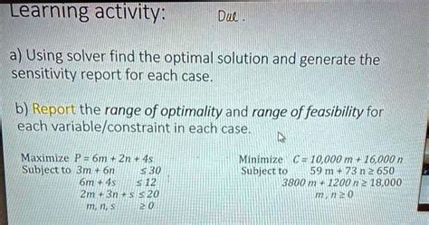 Learning Activity Dul A Using Solver Find The Optimal Solution And