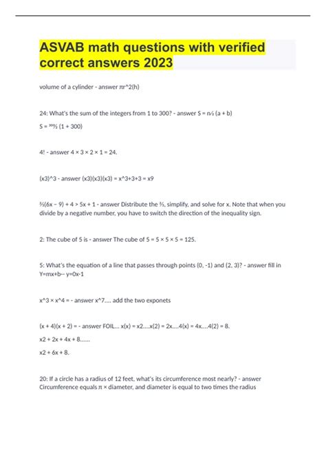 Asvab Math Questions With Verified Correct Answers 2023 Asvab Math