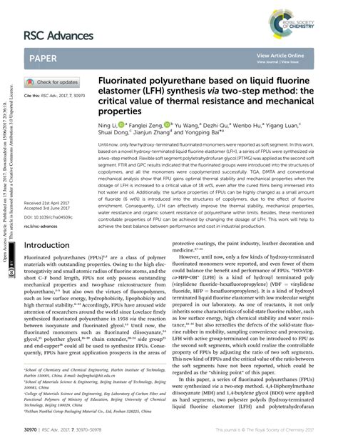 Pdf Fluorinated Polyurethane Based On Liquid Fluorine Elastomer Lfh