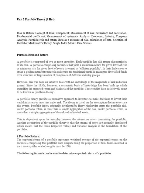 Unit 2 Portfolio Risk And Return Pdf Diversification Finance