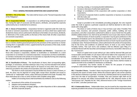 Codal Revised Corporation Code Ra 11232 Revised Corporation Code