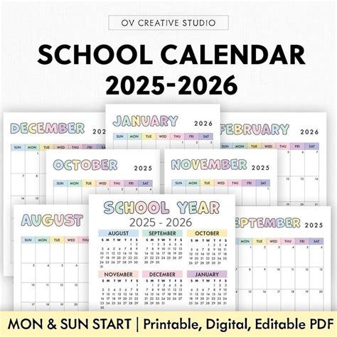 School Calendar Bundle 2025 2026 Printable Digital Monthly