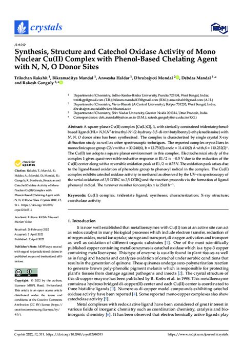 Pdf Synthesis Structure And Catechol Oxidase Activity Of Mono Nuclear Cu Ii Complex With