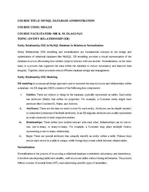 Entity Relationship Er Modeling And Normalization In Mysql Mda221