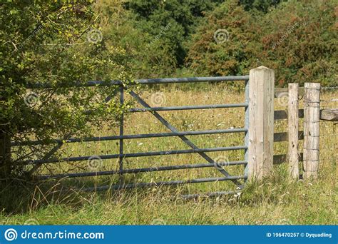 Closed Metal 7 Bar Gate Across Meadow With Long Grass Stock Image