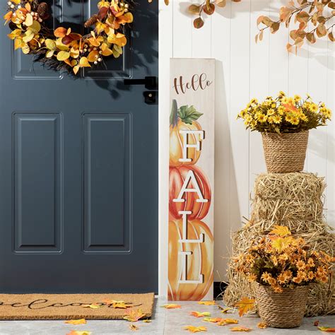 42h Wooden Hello Fall Porch Sign Large Vertical Rustic