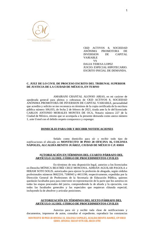 Modelo De Escrito Inicial De Demanda De Un Juicio Especial Hipotecario
