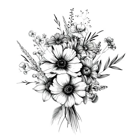 Black And White Flower Bouquet Drawing Set Of Black And White Hand