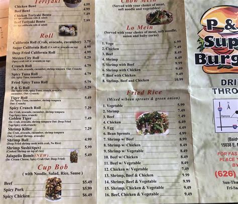 Menu At Pandg Super Burger Restaurant Baldwin Park