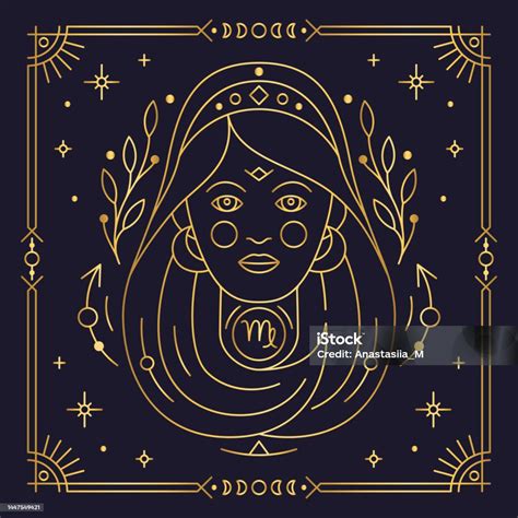 처녀 자리 조디악 점성술 별자리 황금 기호 다크 네이비 카드 액자에 대한 스톡 벡터 아트 및 기타 이미지 액자 날씬한