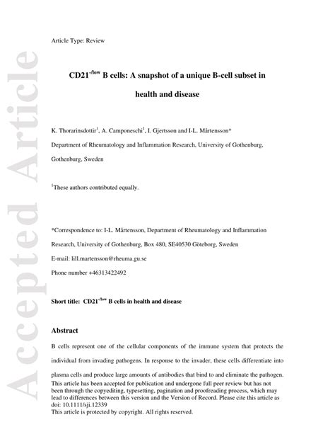 Pdf Cd21 Low B Cells A Snapshot Of A Unique B Cell Subset In