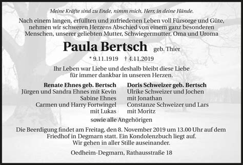 Traueranzeigen Von Paula Bertsch Trauerundgedenkende
