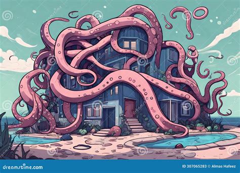 Tentacle Art House A Surreal And Scary 3d Rendered Illustration Of An