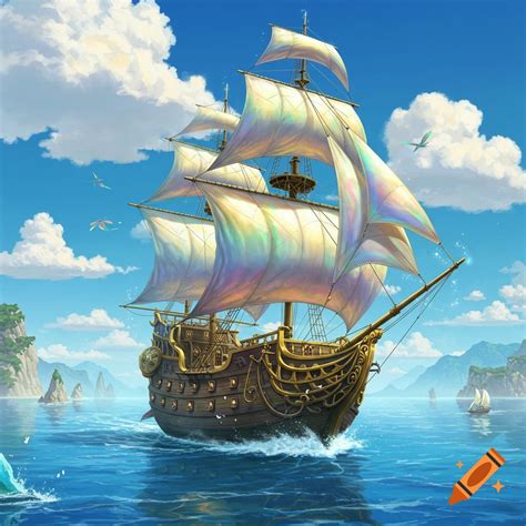 A Majestic Fantasy Sailing Ship With Iridescent Sails Glides On Blue