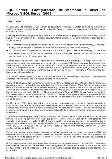 Pdf De Programación Configuración De Memoria A Nivel De Microsoft Sql Server 2005