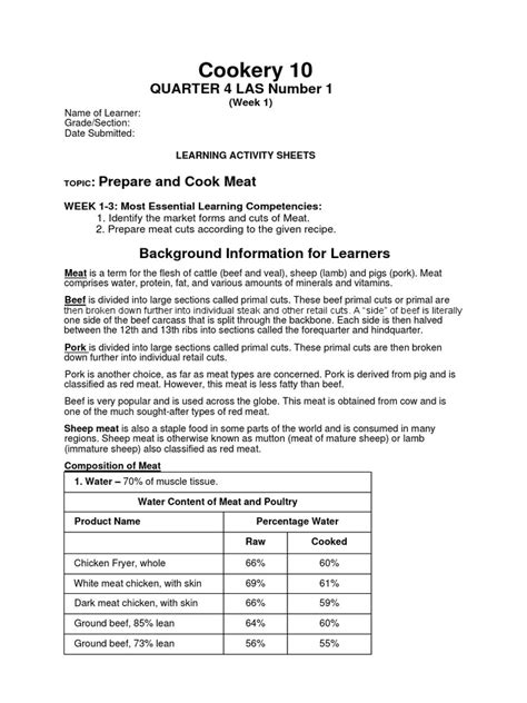 Cookery 10 Quarter 4 Las Number 1 Weeks 1 Pdf Beef Entrée