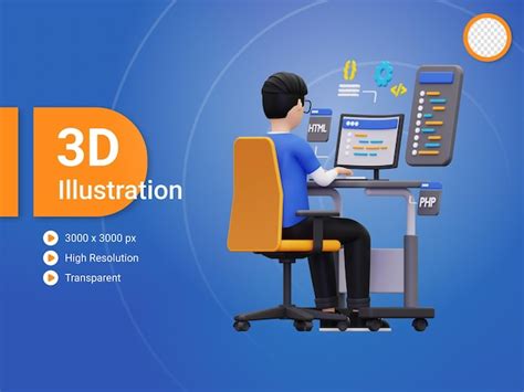 Premium Psd 3d Web Developer Working On Project Illustration