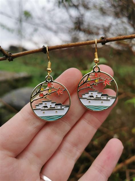Traditional Japanese Scenery Pendant Dangle Earrings Japanese