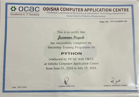 Jasmine Nayak On Linkedin Python Internship Ocac Ai Programming Careergrowth