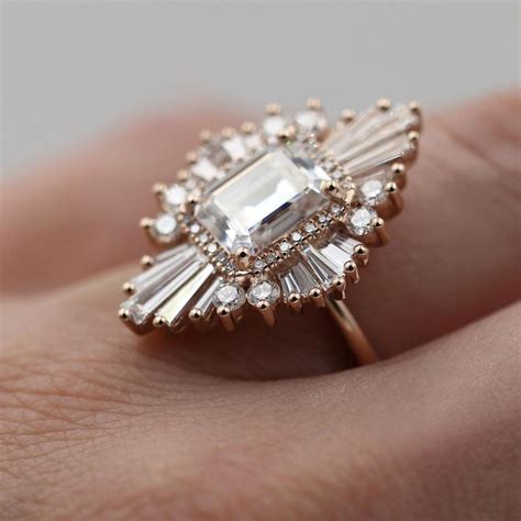 Unique Starburst Ring Emerald And Baguette Cut Cz Stone Double Halo Ring