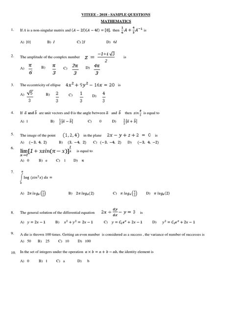 Viteee 2018 Sample Paper Mathematics Pdf Pdf