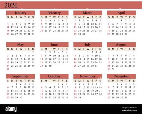 2026 Yearly Calendar Vector In Red Sunday Start Clean Design