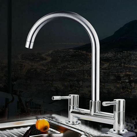 Kitchen Sink Mixer Tap 2 Hole Dual Lever Kitchen Taps 360° Swivel