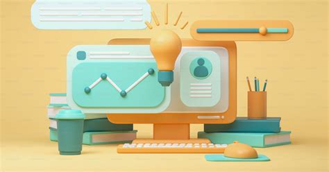 데스크톱 컴퓨터 책 차트 전구가 있는 직장 온라인 교육 원격 근무 및 새로운 시작 아이디어 E 러닝 개념 노란색 배경 3d 렌더링 사진 Unsplash의