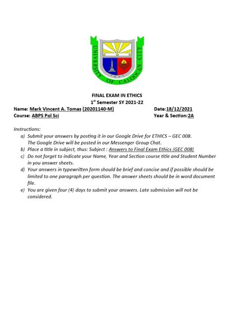 Final Ethics Exam Answers Pdf Reason Truth