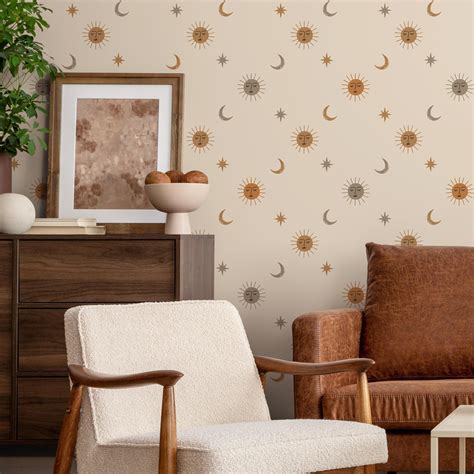 Celestial Wallpaper With Sun And Moon Motifs In Orange And Brown Zaca