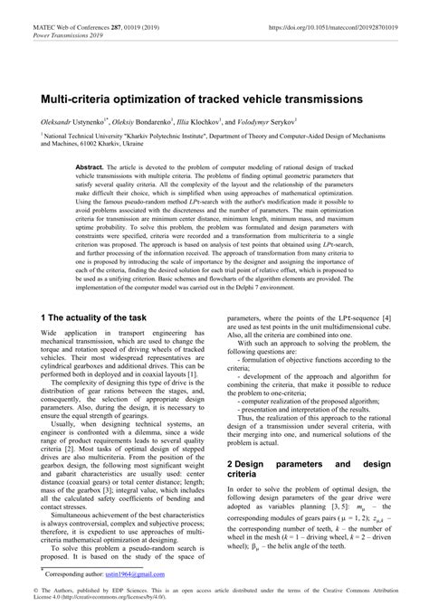 Pdf Multi Criteria Optimization Of Tracked Vehicle Transmissions