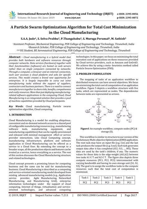 Irjet A Particle Swarm Optimization Algorithm For Total Cost Minimization In The Cloud