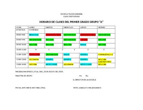Horario De Primero A Escuela Telesecundaria Clave 20dtv0320u Horario