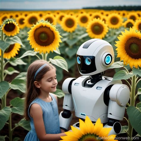 A Robot In The Middle Of The Sunflower Field Together With A 9 Year Old