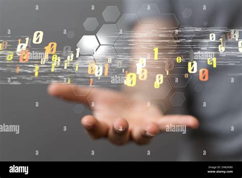 3d rendering hologram of binary codes and network of hexagons between a