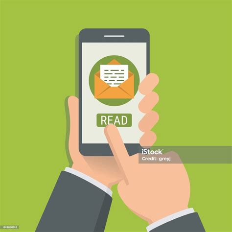 전자 메일 응용 프로그램 또는 스마트폰 화면에 알림입니다 한 손으로 스마트폰 및 손가락 터치 스크린을 보유 하고있다 평면 디자인 벡터 일러스트 레이 션 개념에 대한 스톡