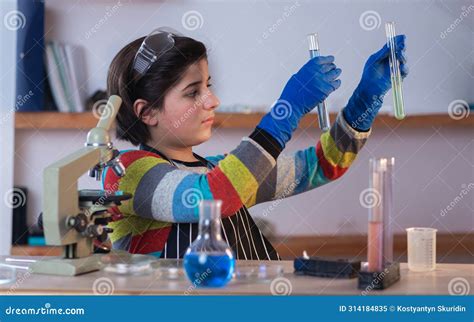 Advanced School Science Project A Cute Young Nerd In A Home Research Laboratory Wearing Safety