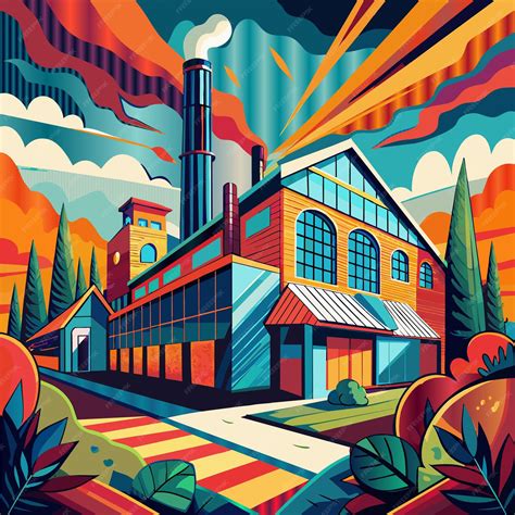 Premium Vector A Colorful Mural Of A Factory With A Factory In The