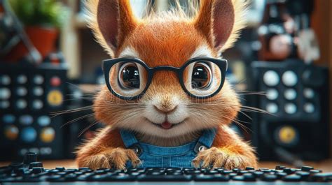 Cute Squirrel With Glasses Sitting At A Keyboard In A Colorful Workspace Setting Enthusiastic
