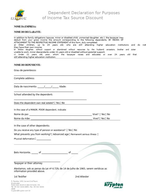 Dependent Declaration Form For The Purpose Of Income Tax Withholding