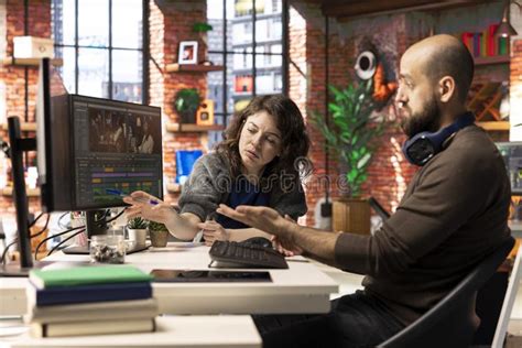 Video Editors Couple Working As A Team For A Freelance Video Shoot Stock Image Image Of