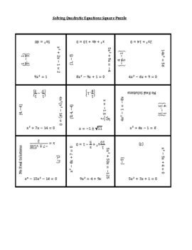 Solving Quadratic Equations Square Puzzle By LWR Educational Consulting