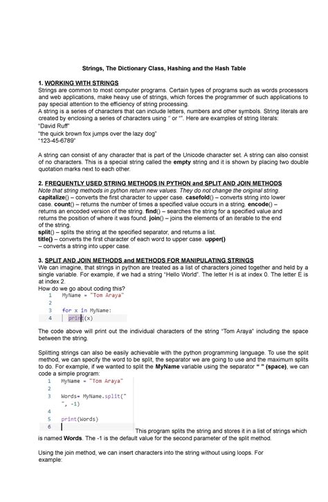 Strings The Dictionary Class Hashing And The Hash Table WORKING WITH STRINGS Strings Are