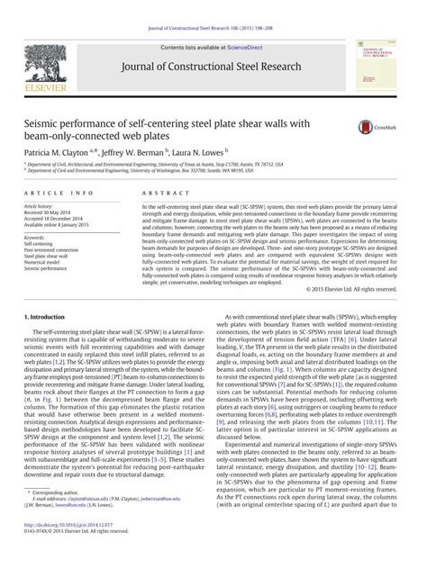 Pdf Seismic Performance Of Self Centering Steel Plate Shear Walls